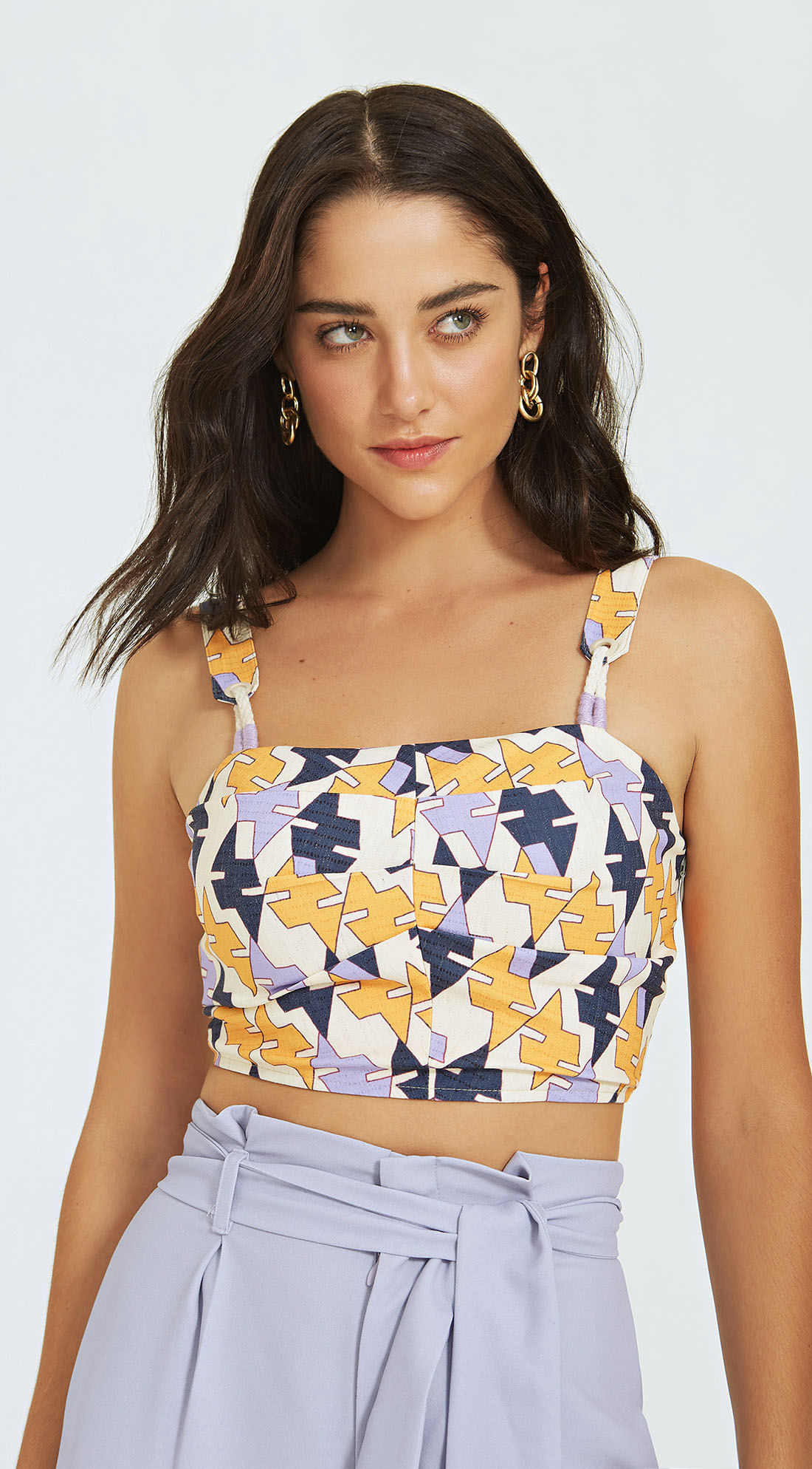 Top Morena Rosa Reto Alça Larga Detalhe Cordão Lilas