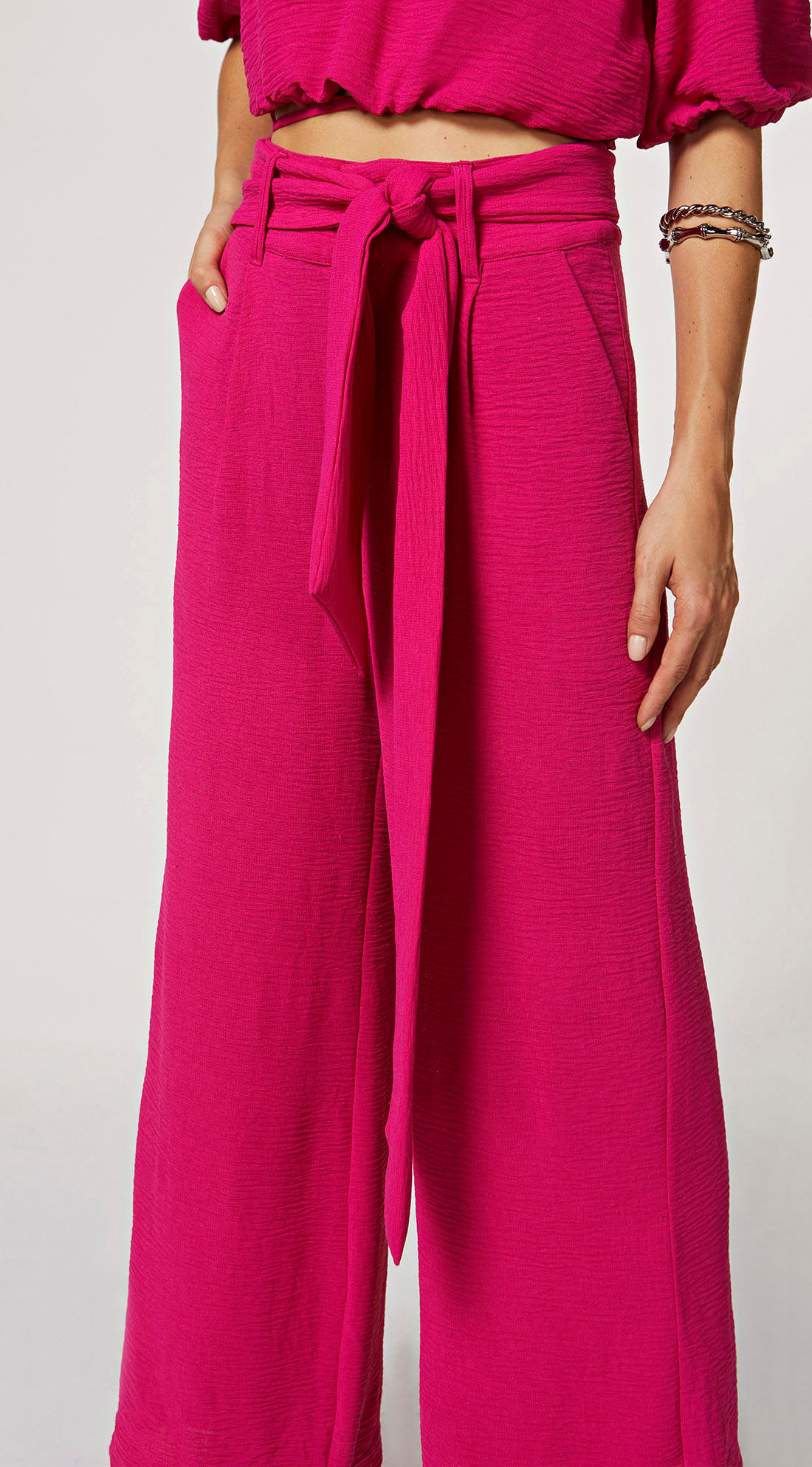 Calca Morena Rosa Pantalona Cós Alto Com Cinto Pink