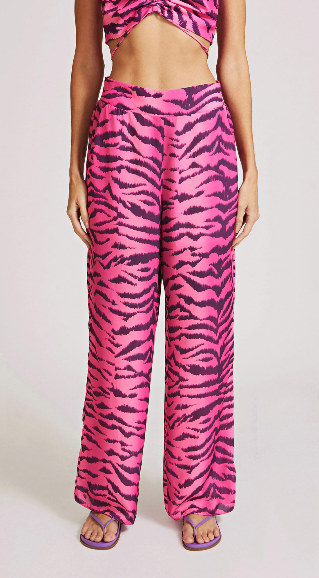 Calca Morena Rosa Pantalona Cós Alto Com Faixa Rosa