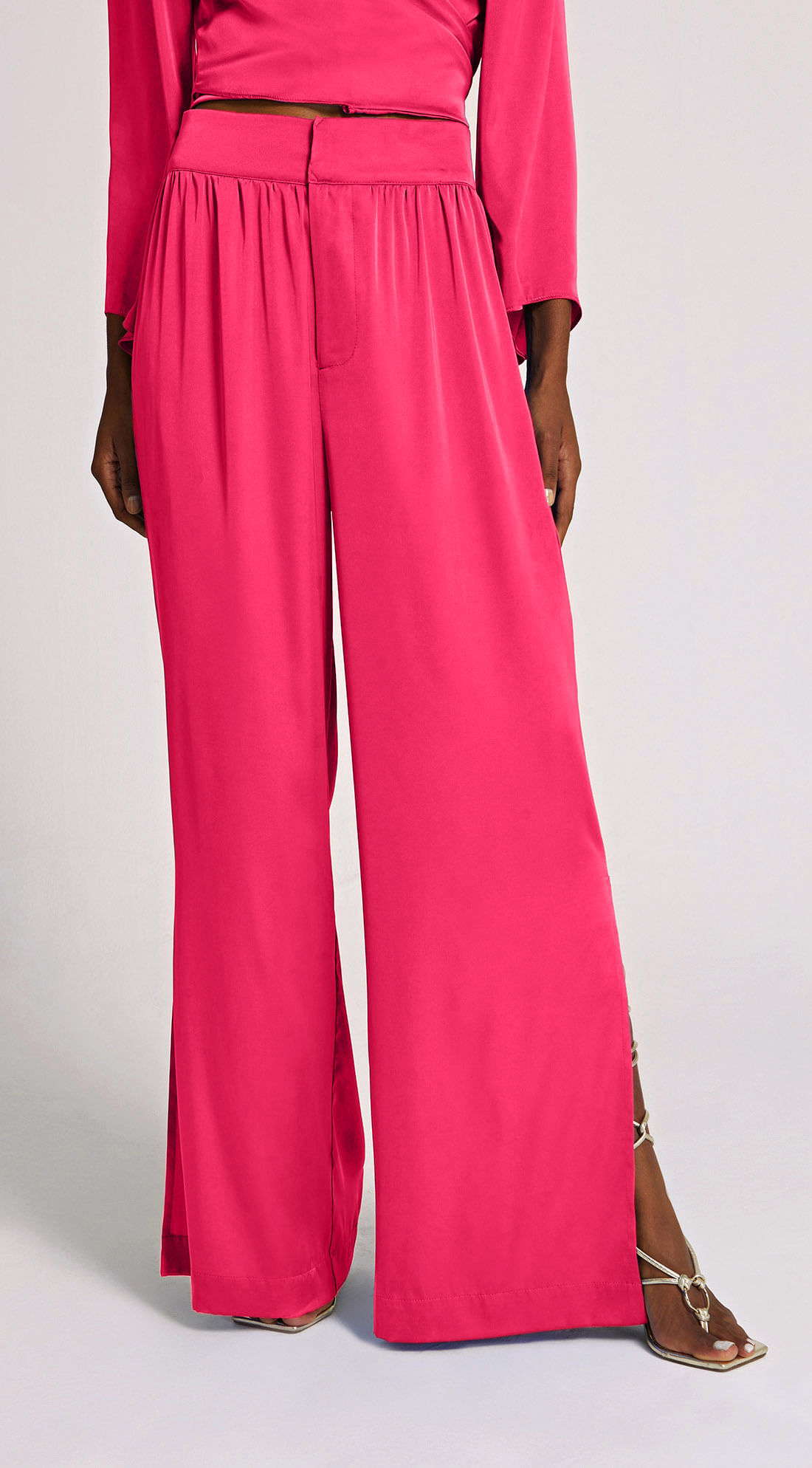 Calca Morena Rosa Pantalona Cós Largo Com Fendas Rosa