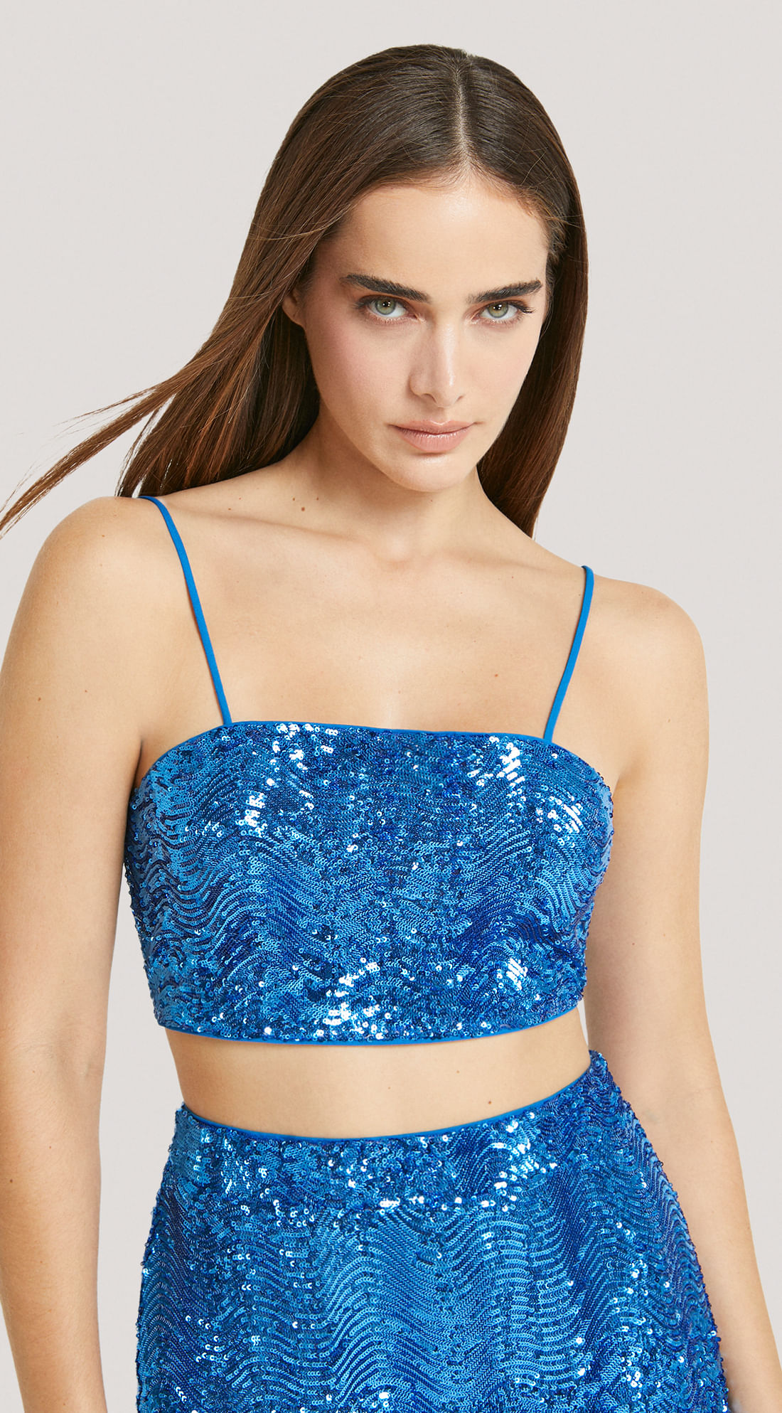 Top Morena Rosa Reto Alça Detalhe Zíper Azul