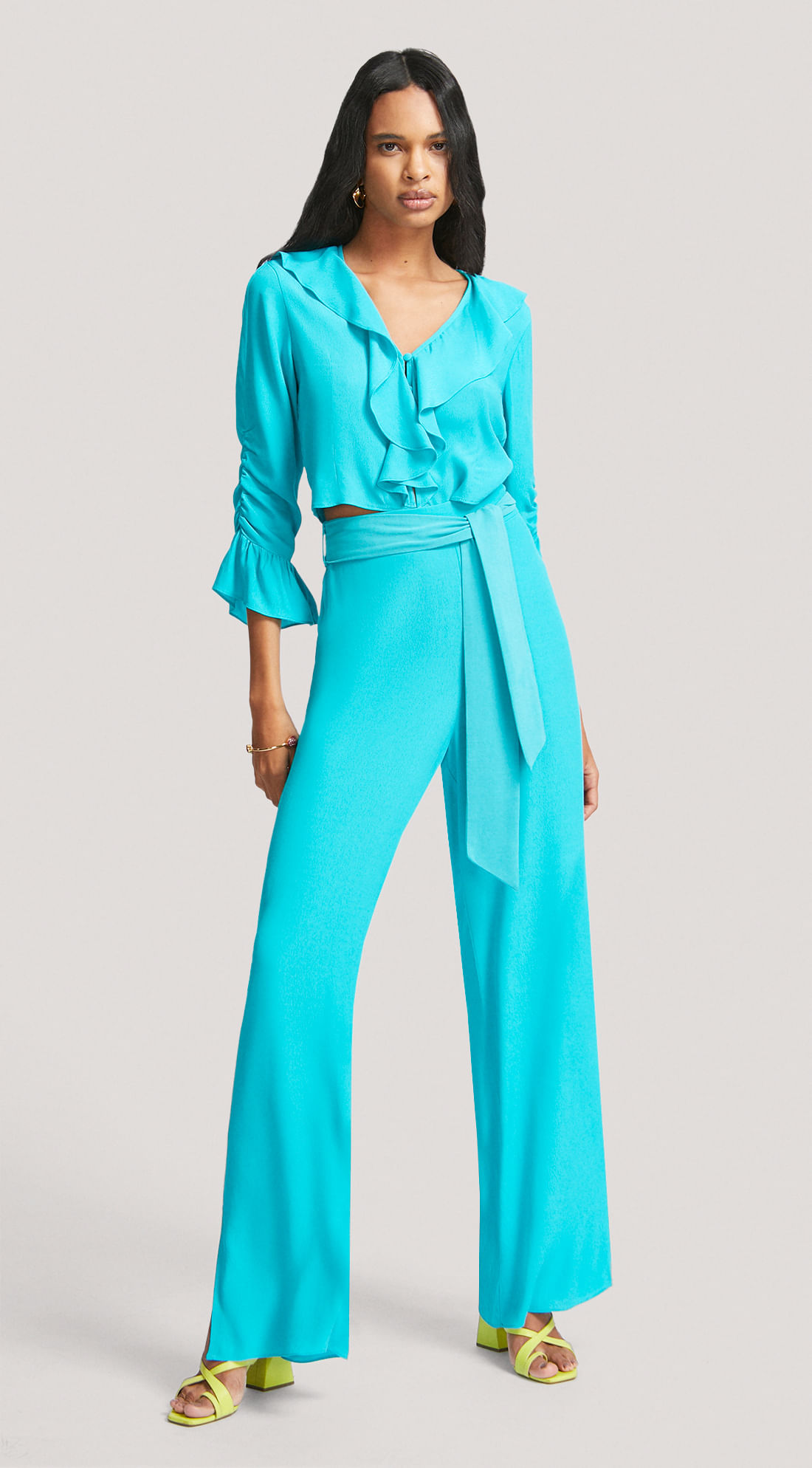 Calca Morena Rosa Pantalona Cós Alto Com Cinto Azul