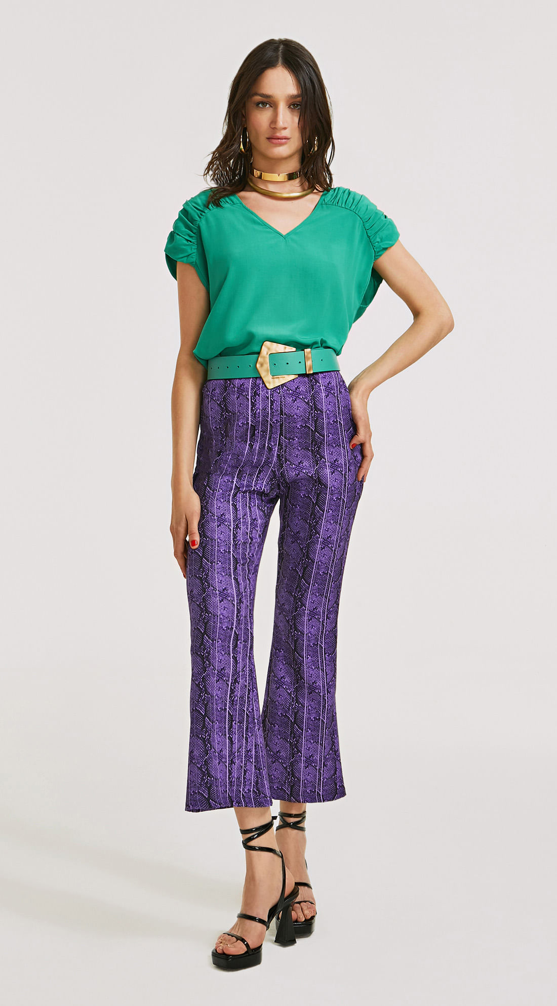 Calca Morena Rosa Boot Cut Cós Alto Zíper Lateral Roxo