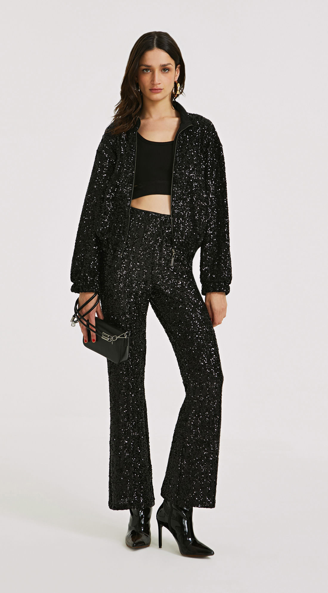 Calca Morena Rosa Boot Cut Cós Baixo Com Brilho Preto