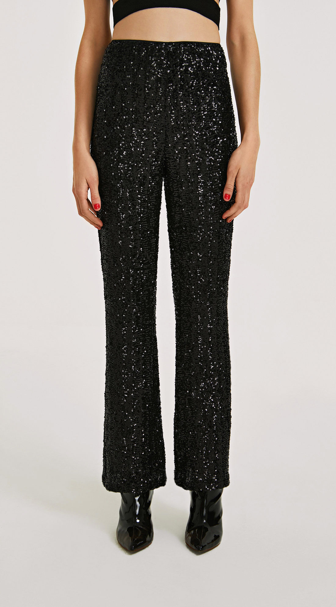 Calca Morena Rosa Boot Cut Cós Baixo Com Brilho Preto