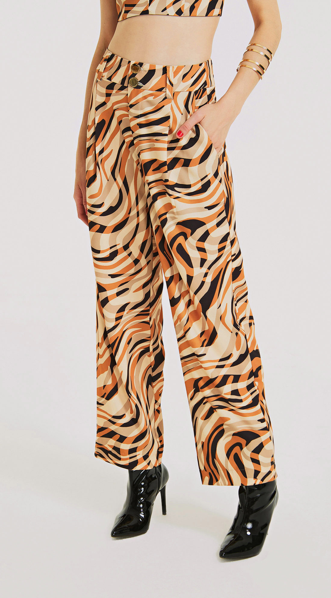 Calca Morena Rosa Pantalona Cós Alto Com Botão Marrom