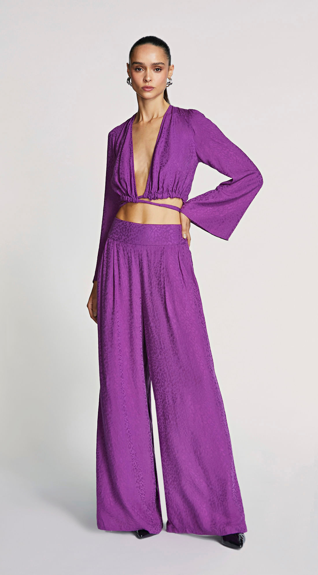 Calca Morena Rosa Pantalona Cós Elástico Bolso Faca Roxo