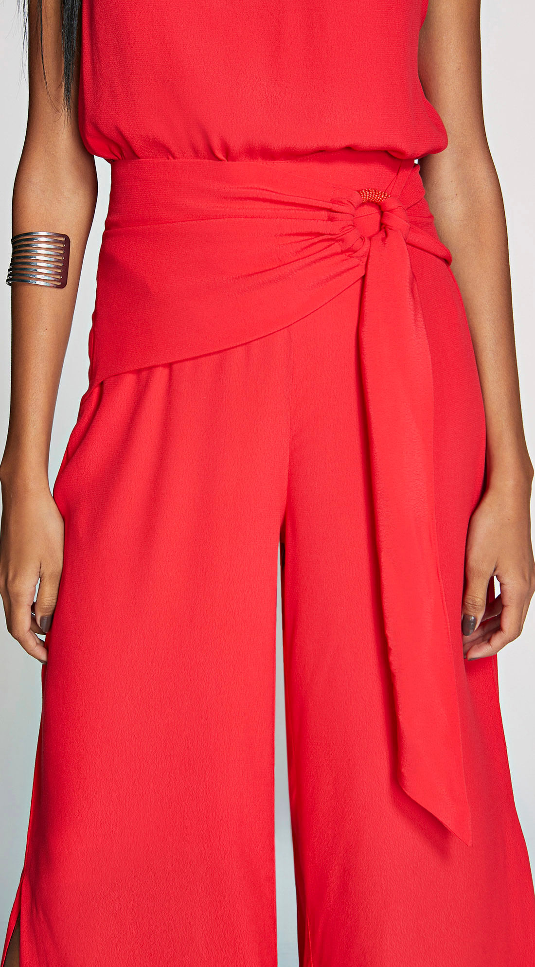 Calca Morena Rosa Pantalona Cós Alto Abertura Barra Vermelho