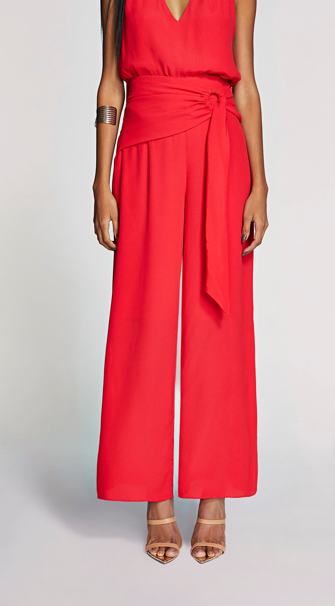 Calca Morena Rosa Pantalona Cós Alto Abertura Barra Vermelho