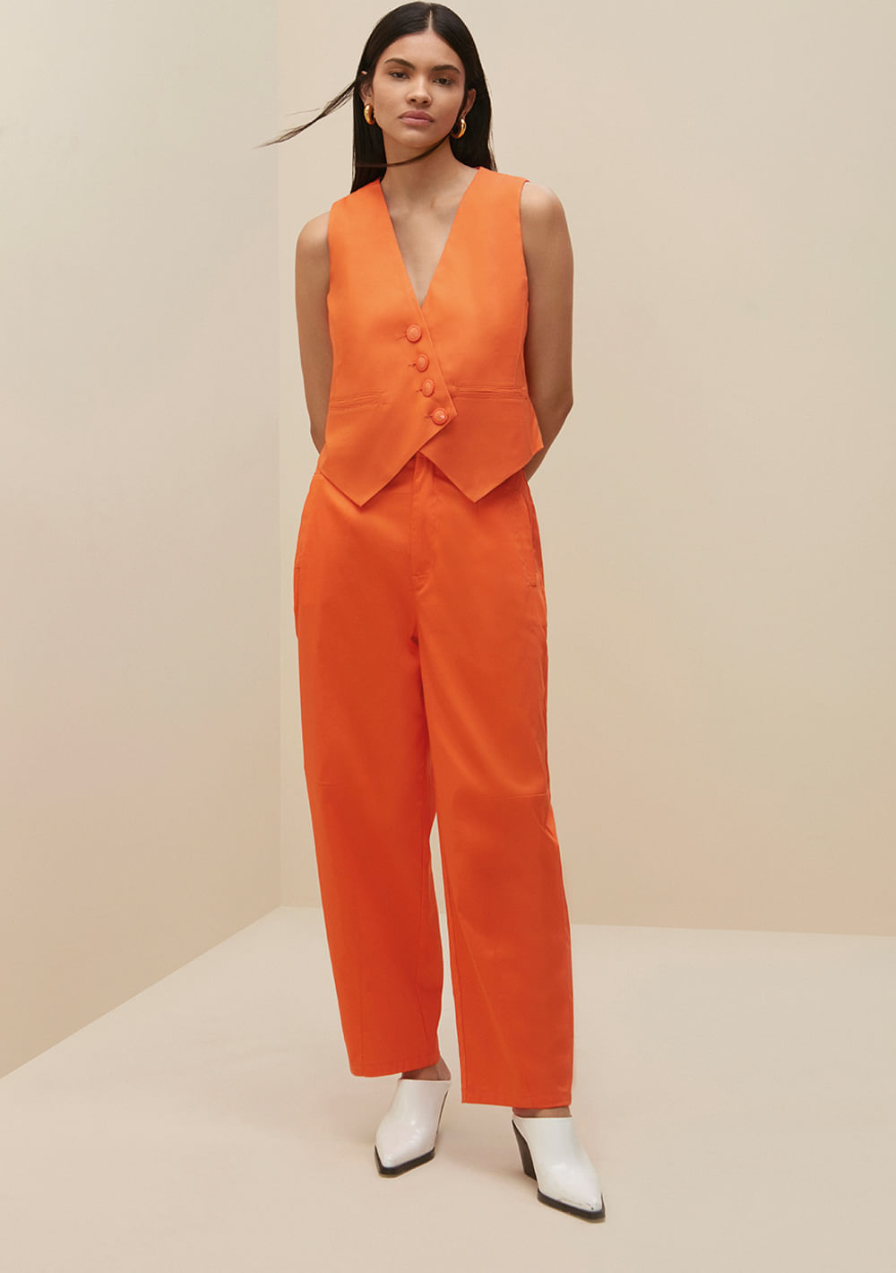 Calca Morena Rosa New Shape Cós Alto Com Pregas Laranja