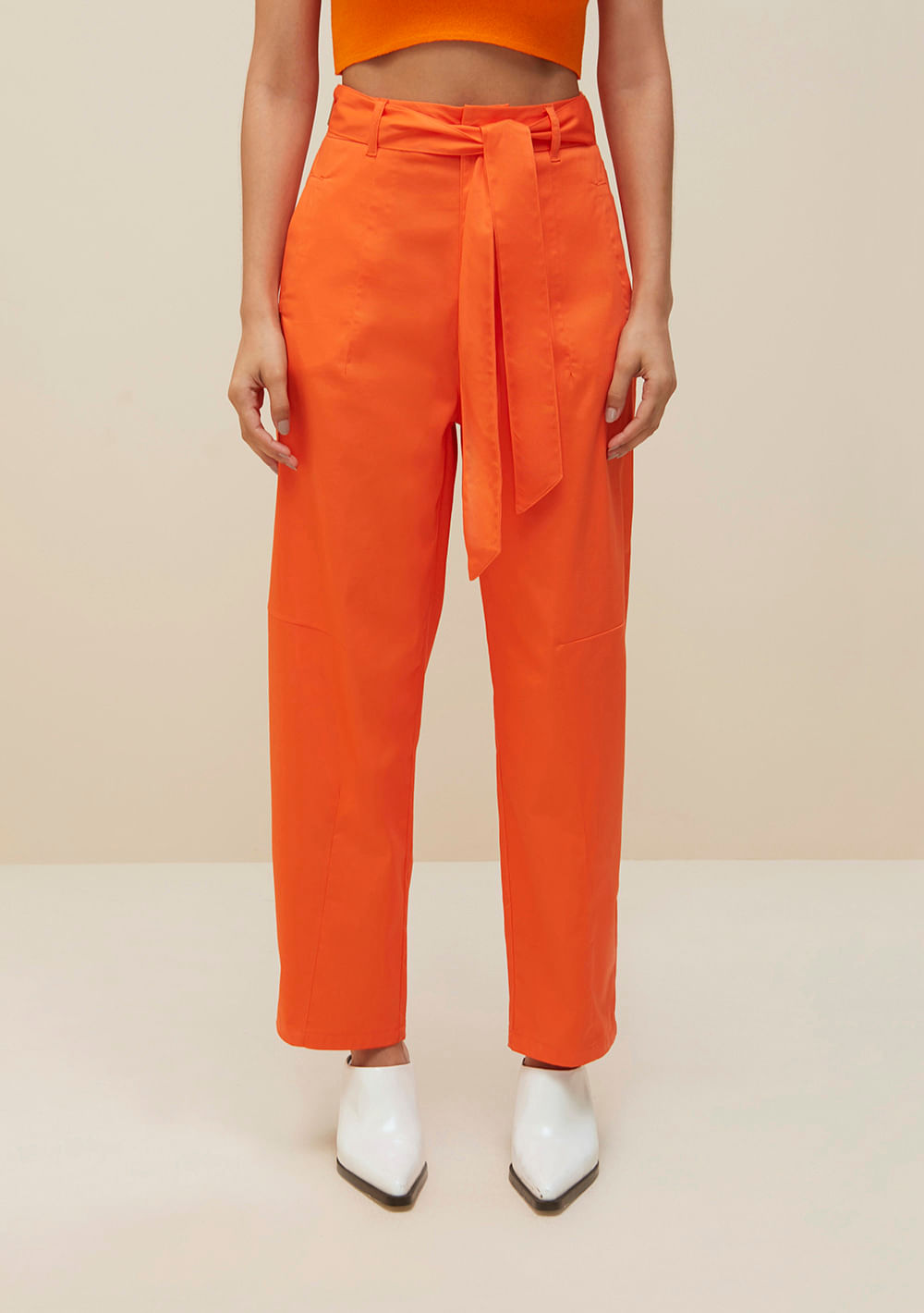 Calca Morena Rosa New Shape Cós Alto Com Pregas Laranja