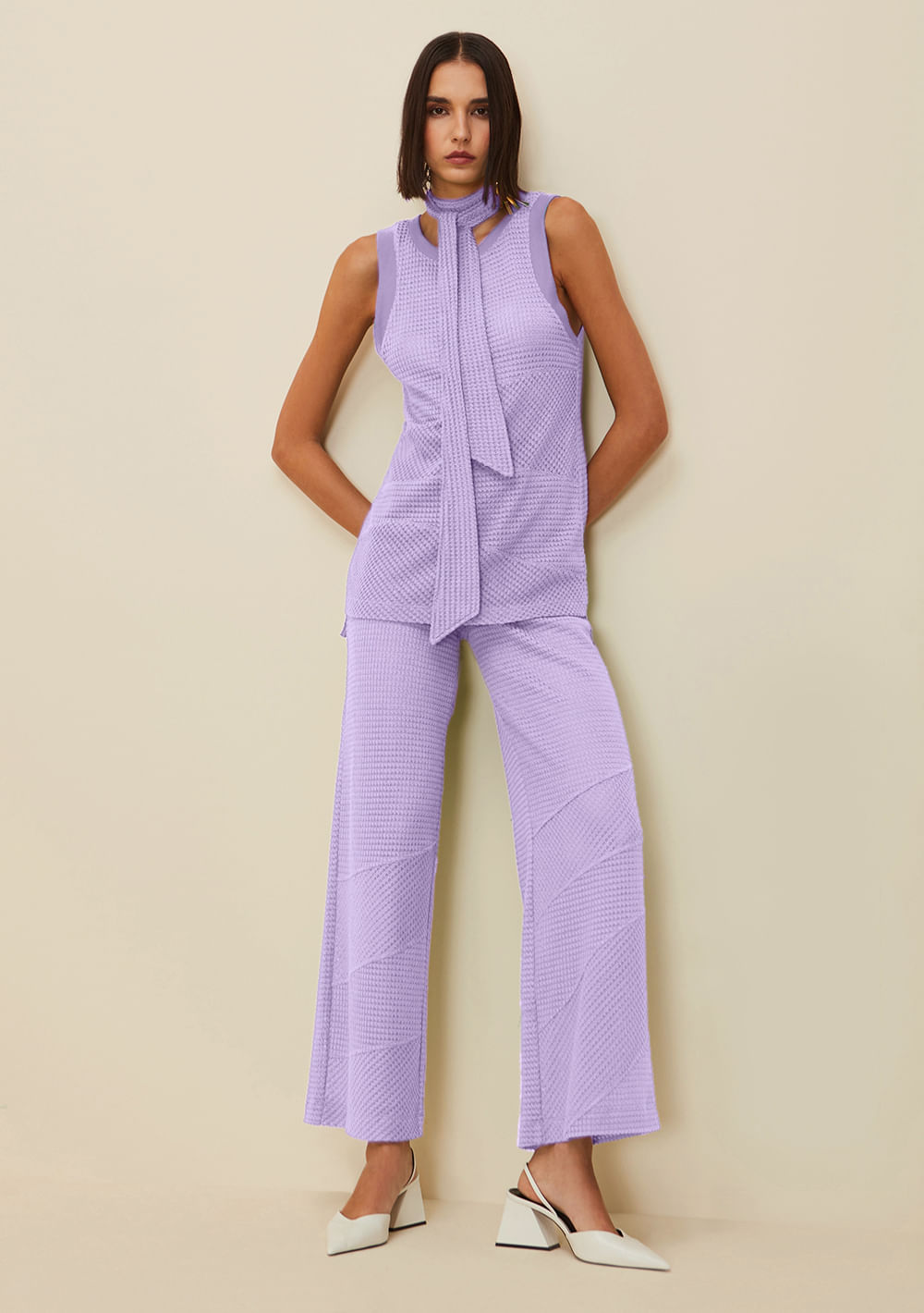 Calca Morena Rosa Pantalona Cós Alto Com Recorte Lilas