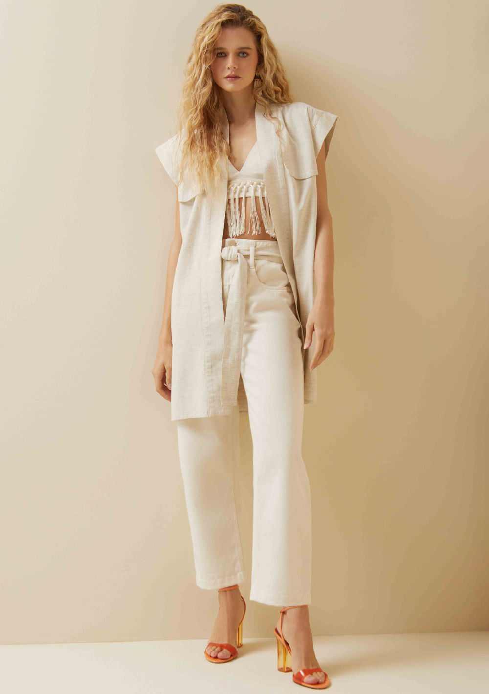 Calca Morena Rosa Reta Renata Cós Alto Dois Botões Off White