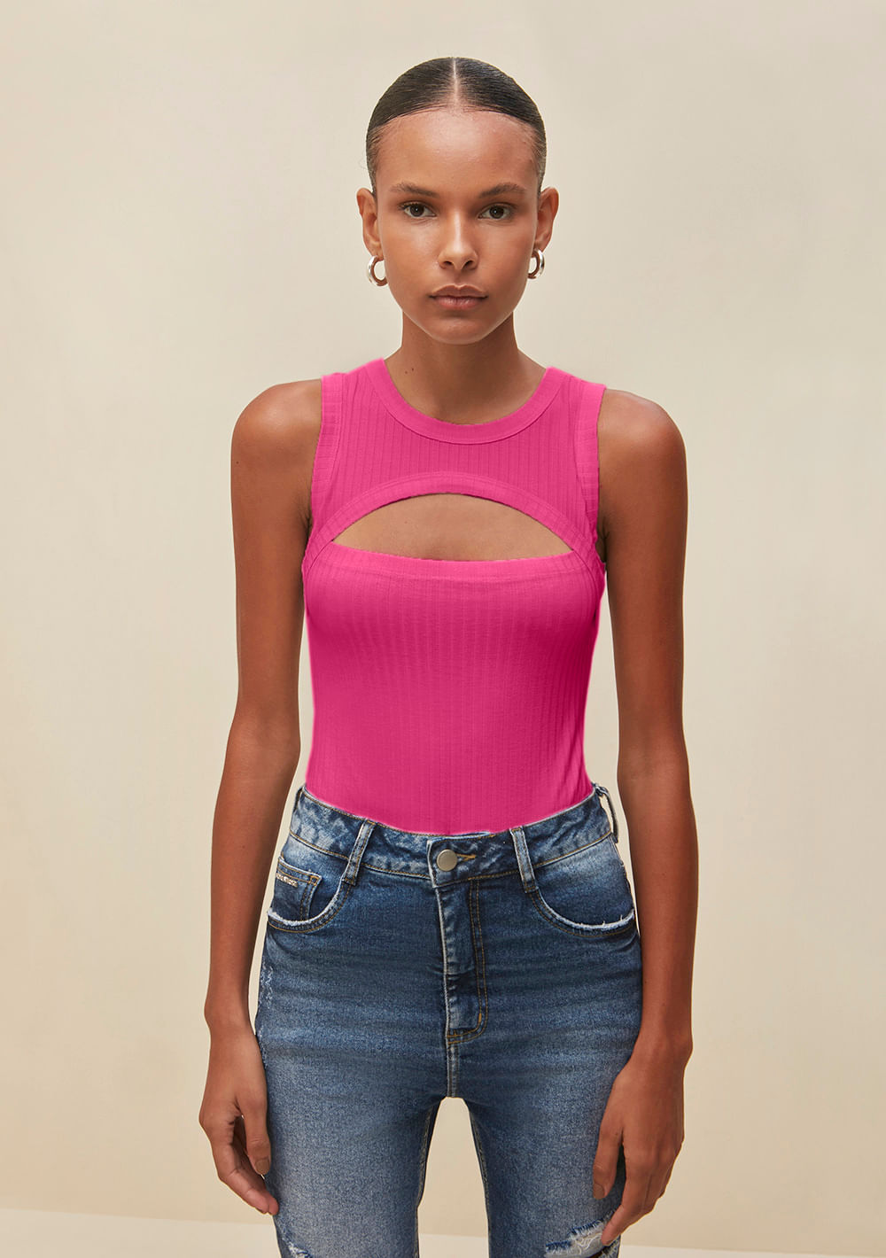 Body Morena Rosa Decote Redondo Cavado Com Abertura Rosa