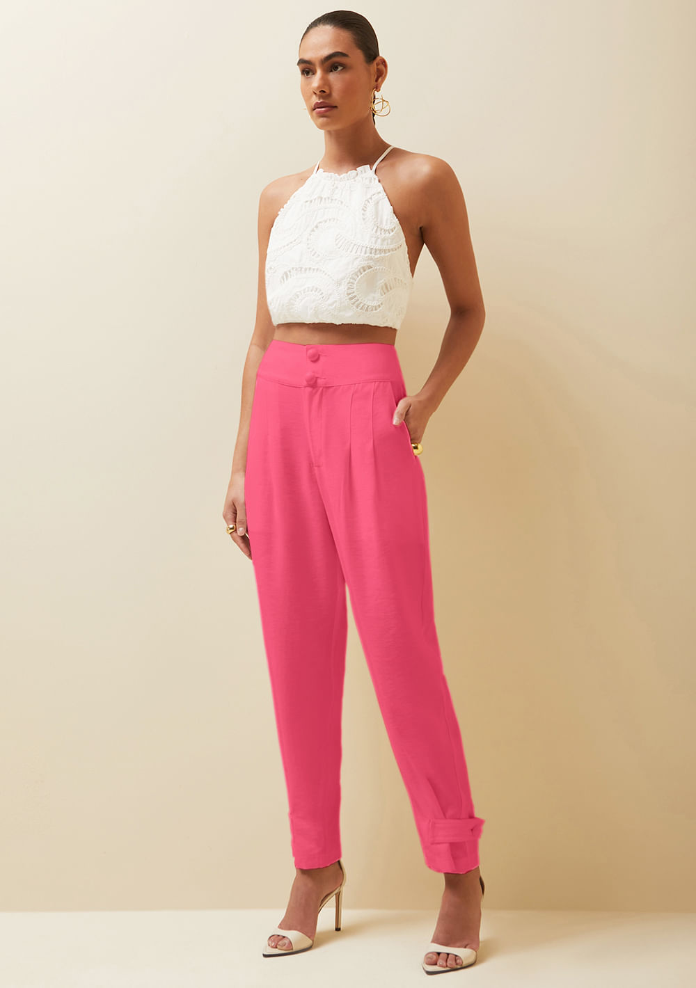 Calca Morena Rosa Reta Cós Alto Com Botão Rosa