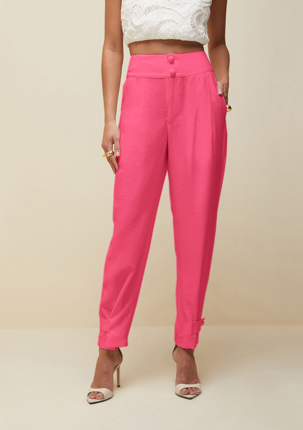 Calca Morena Rosa Reta Cós Alto Com Botão Rosa