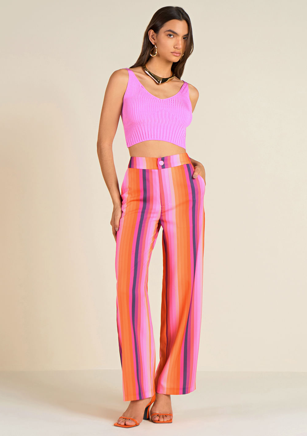 Calca Morena Rosa Reta Cós Intermediário Estampada Rosa