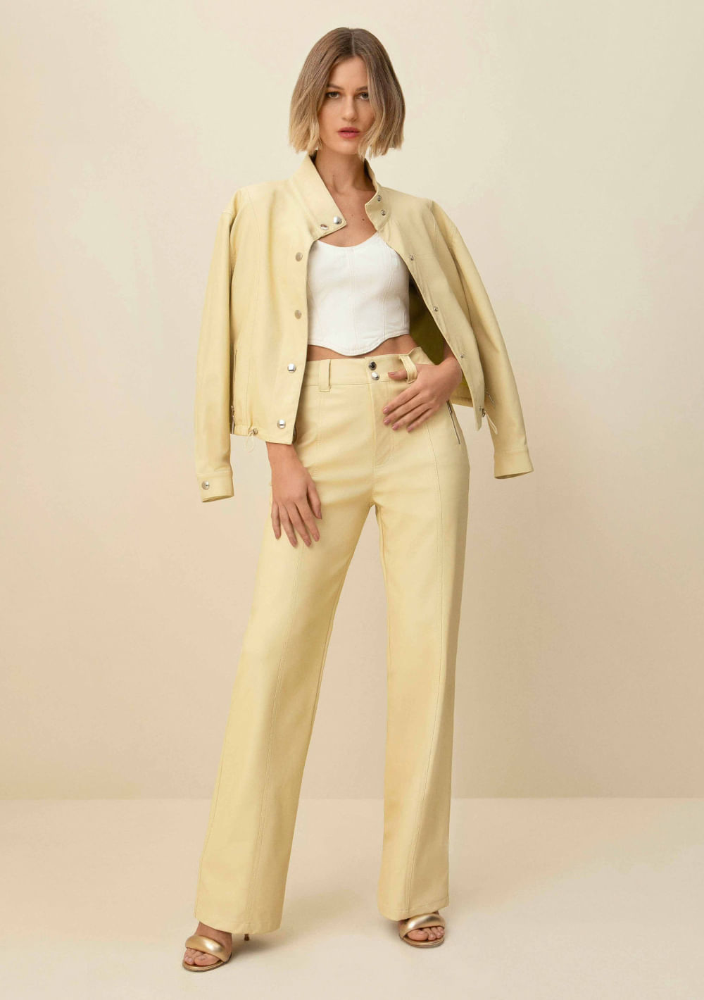 Calca Morena Rosa Reta Cós Alto Zíper Duplo Frente Amarelo Claro