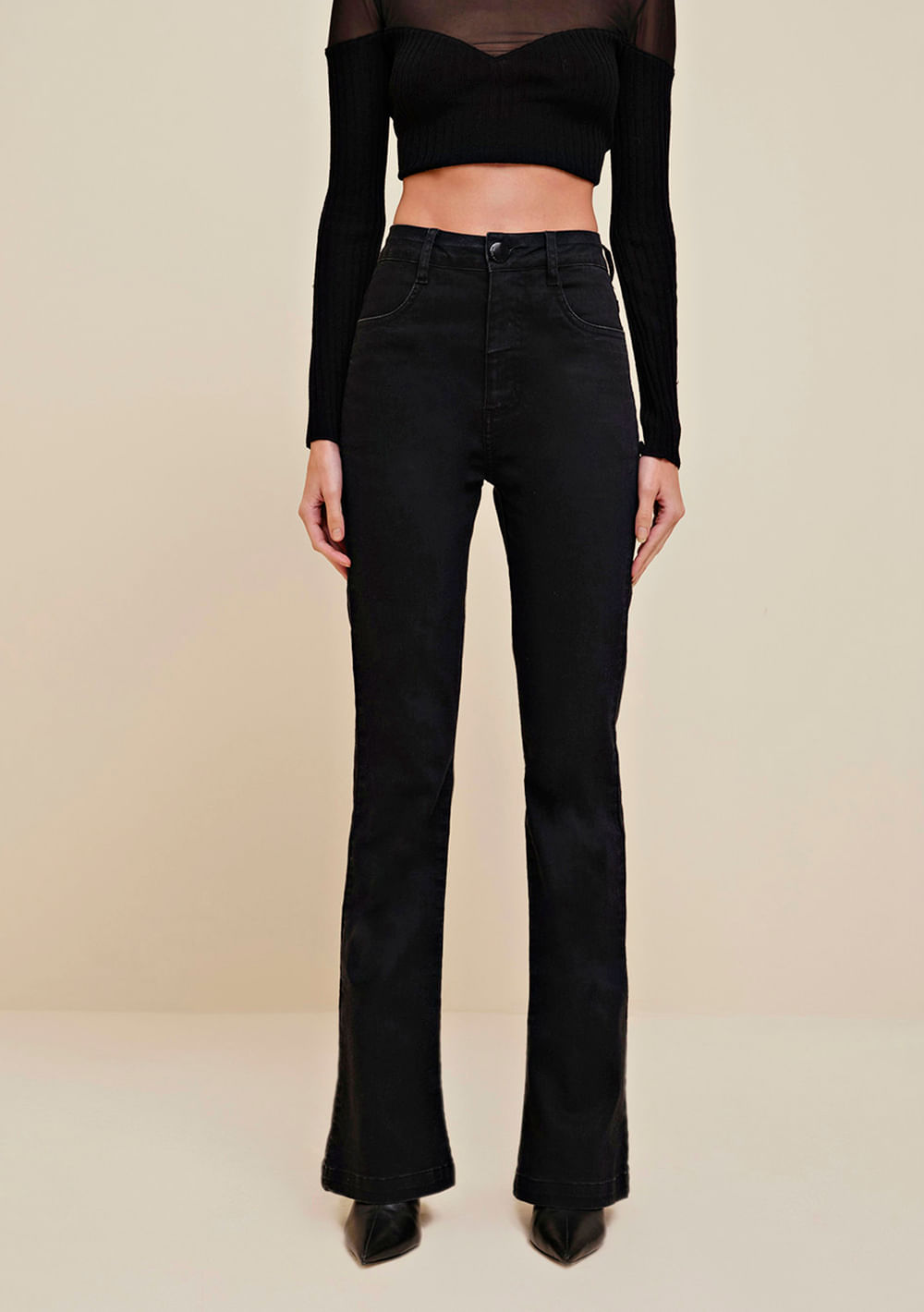 Calca Morena Rosa Boot Cut Carol Cós Alto Básica Preto