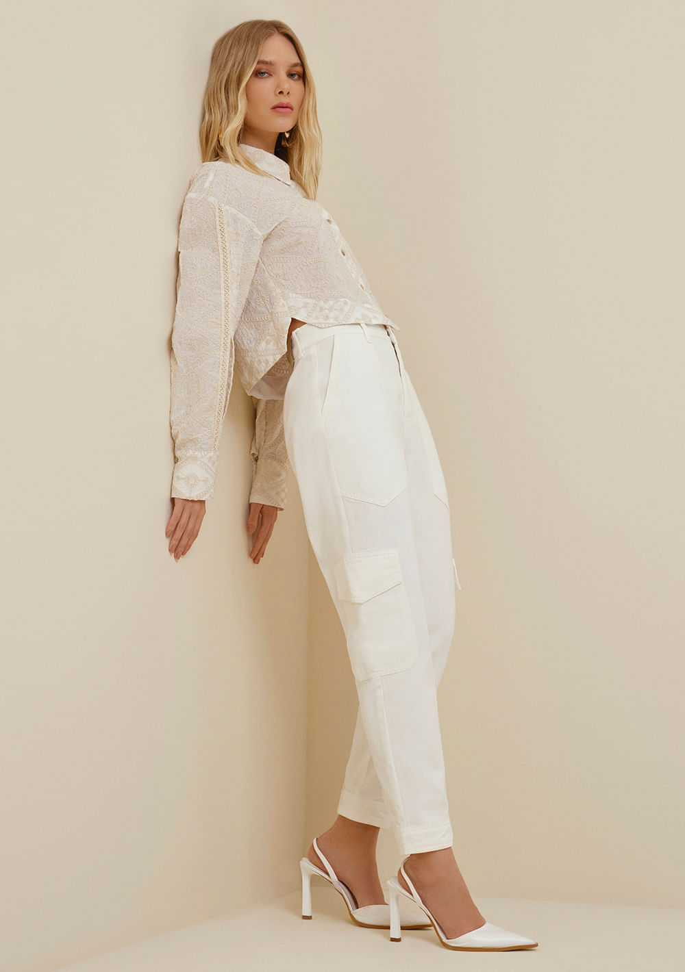 Calca Morena Rosa Mom Luisa Cós Alto Com Lapela Off White