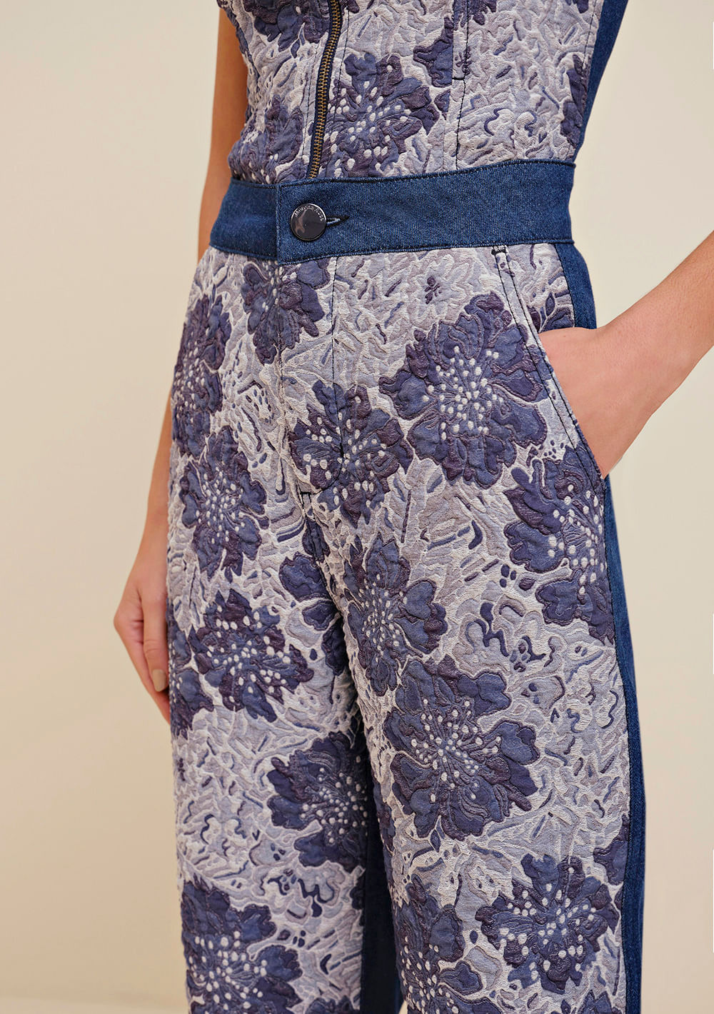 Calça Morena Rosa Reta Renata Cós Alto Composê De Tecidos Azul Marinho