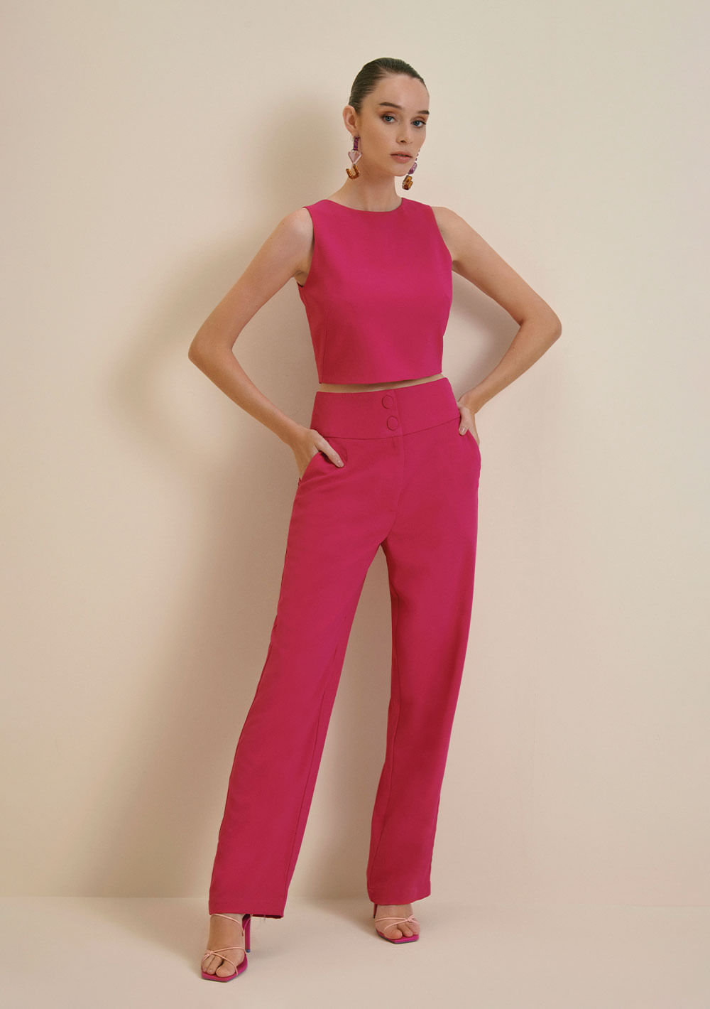 Calça Morena Rosa Reta Cós Alto Com Pence Rosa