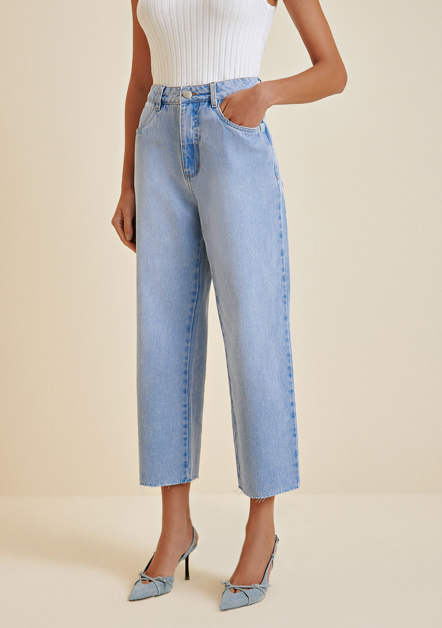 Calca Morena Rosa Reta Renata Cós Alto Barra A Fio Jeans