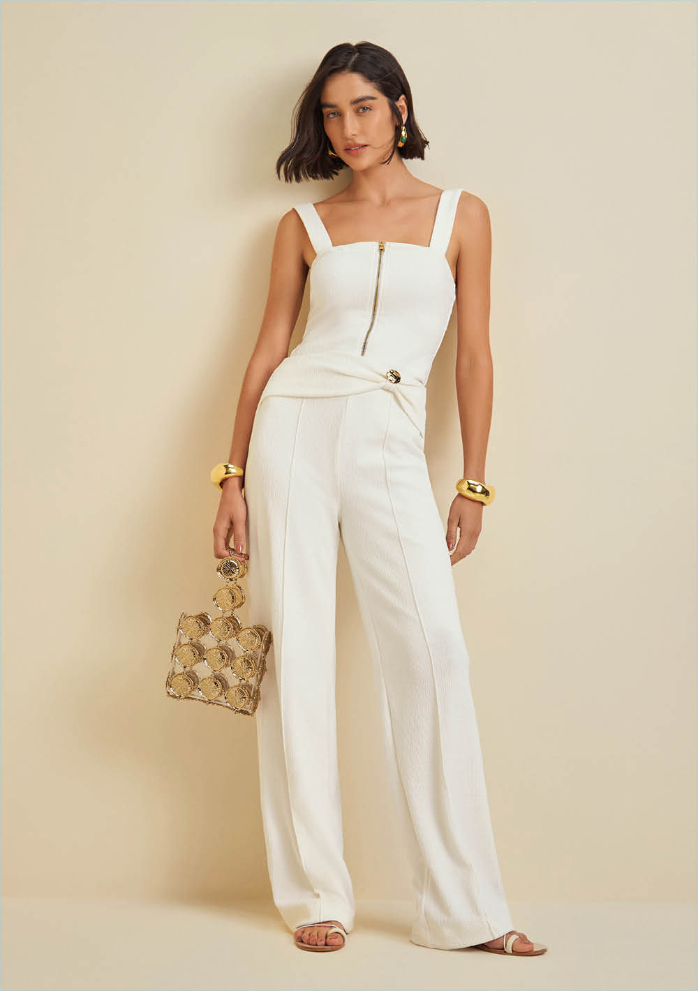 Calça Morena Rosa Reta Cós Alto Detalhe Cós Off White