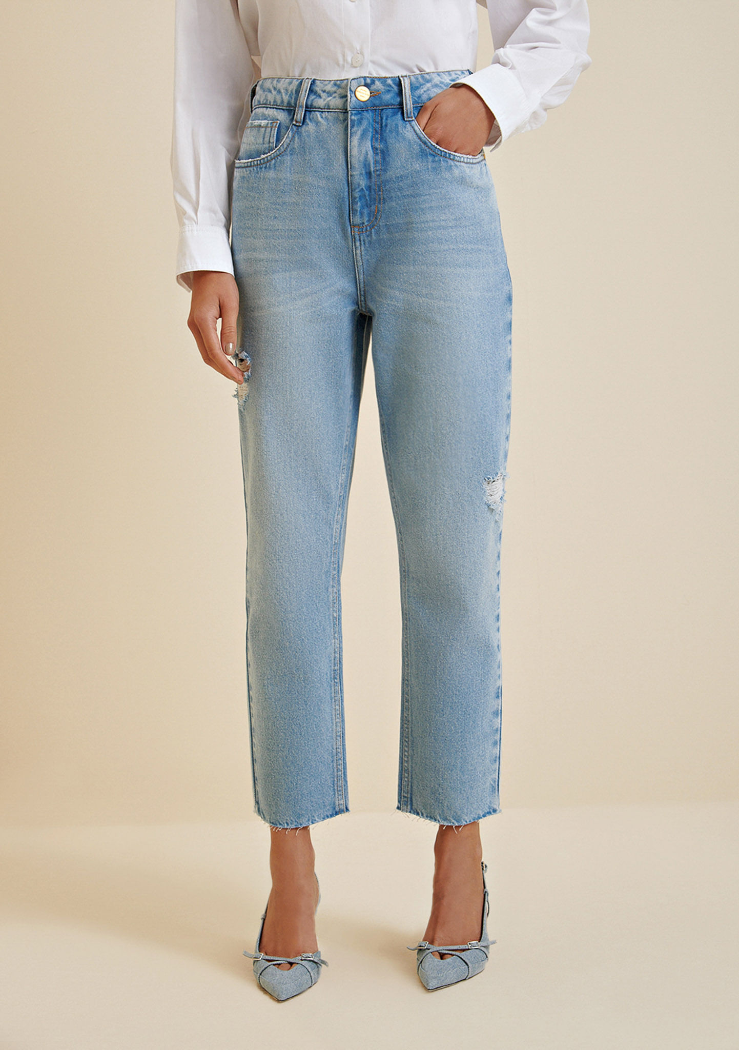 Calça Morena Rosa Mom Luisa Cós Alto Barra A Fio Jeans