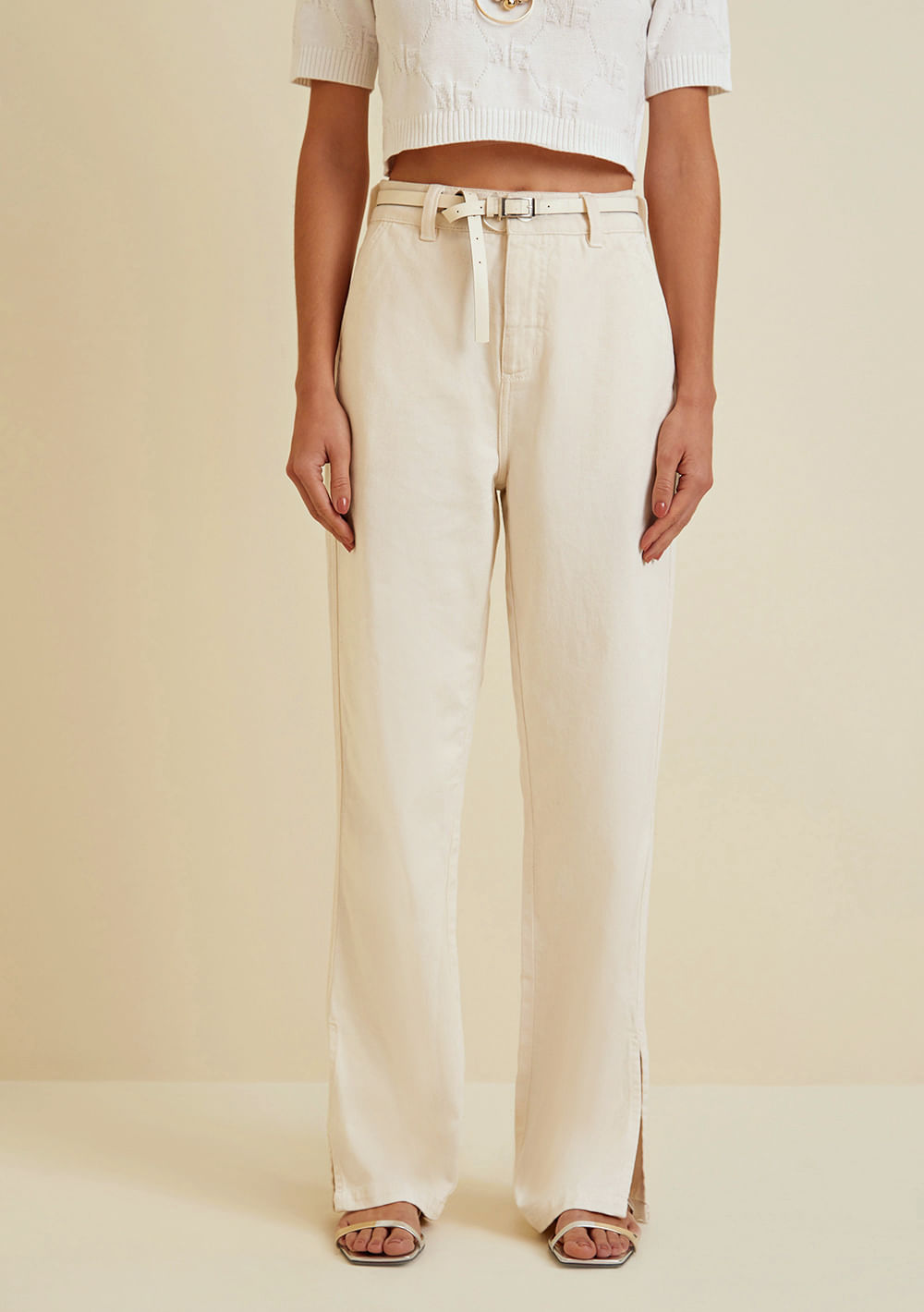 Calca Morena Rosa Reta Slim Monica Cós Alto Com Cinto Off White