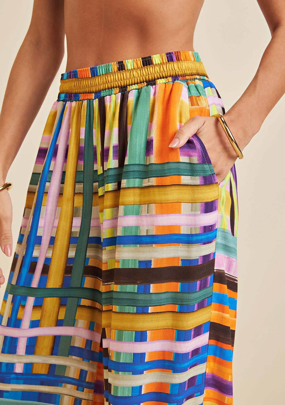 Calça Morena Rosa Pantalona Cós Elástico Bolso Faca Azul