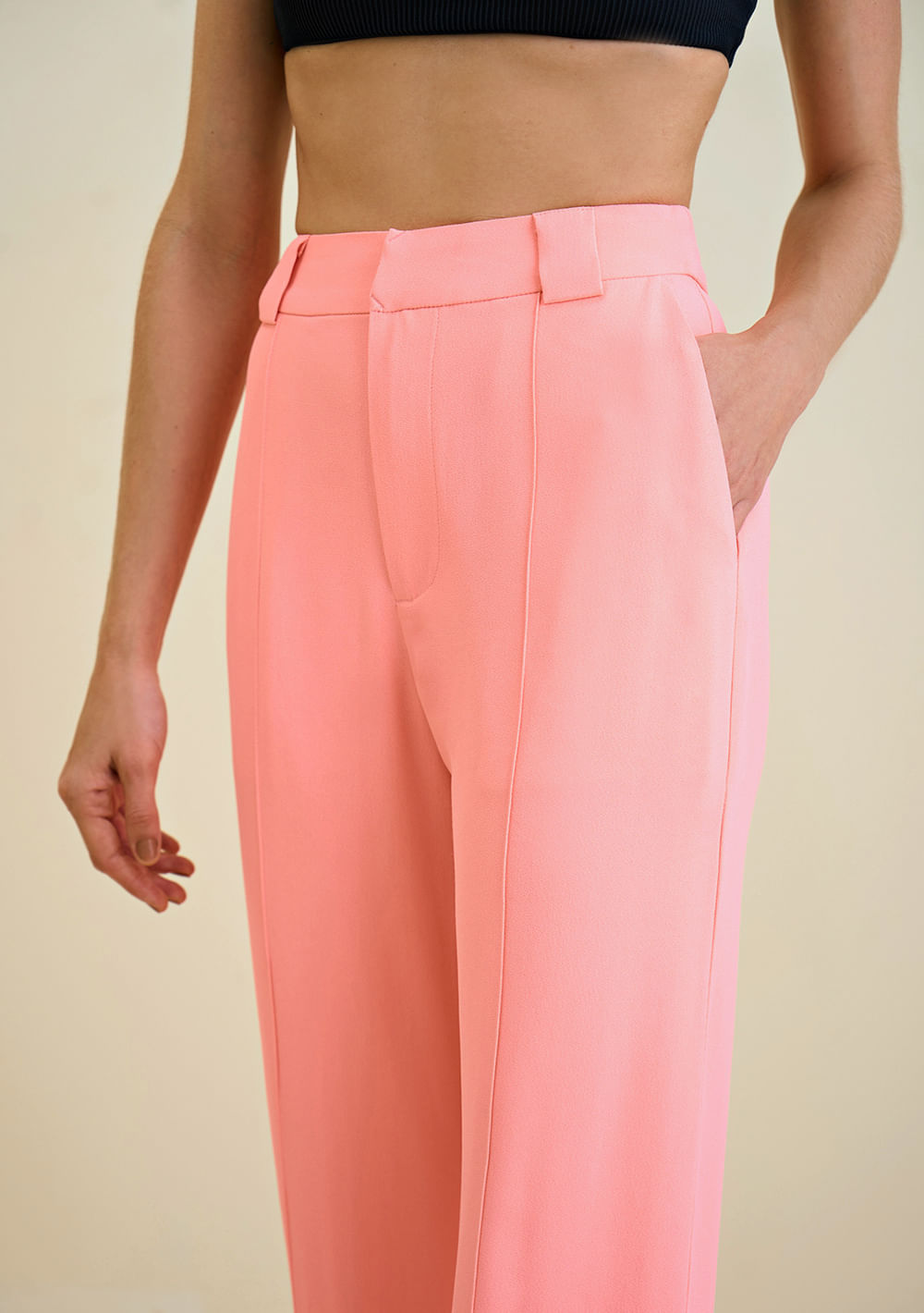 Calça Morena Rosa Reta Cós Alto Com Bolso Rosa