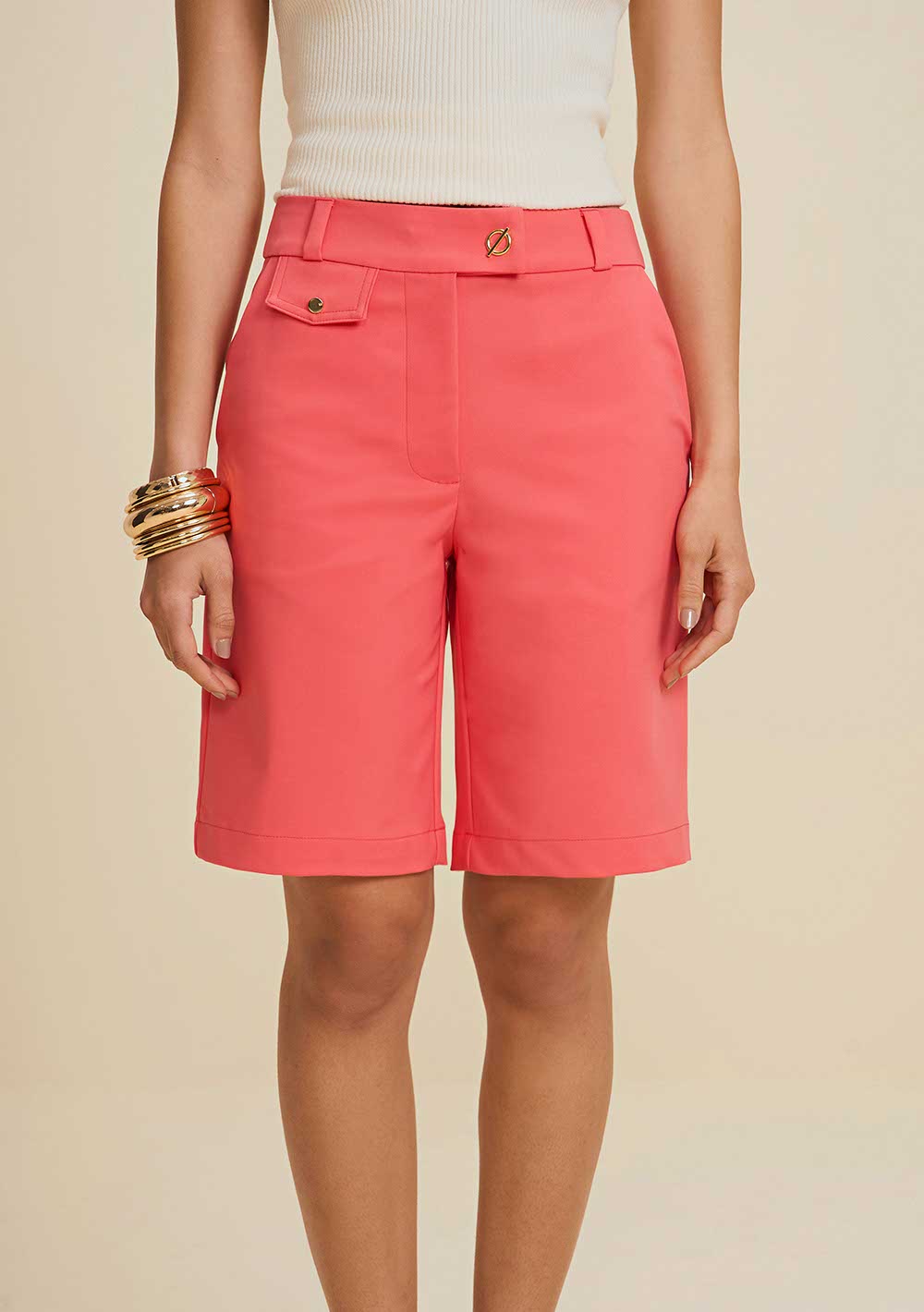 Bermuda Morena Rosa Reta Com Lapela Laranja