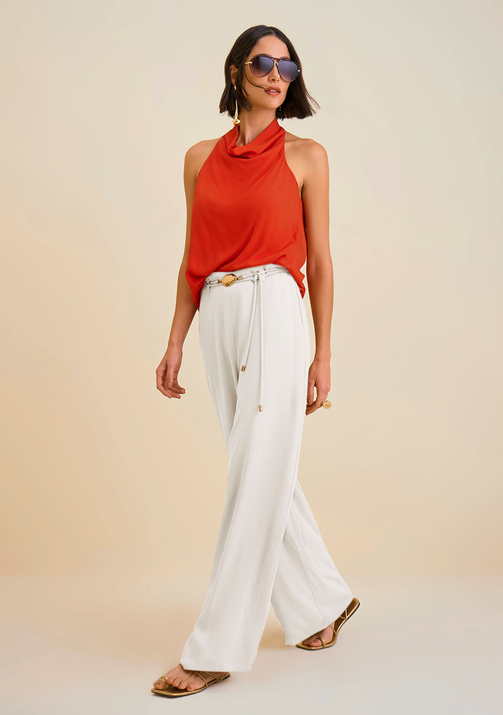 Calça Morena Rosa Reta Cós Alto Com Cinto Off White