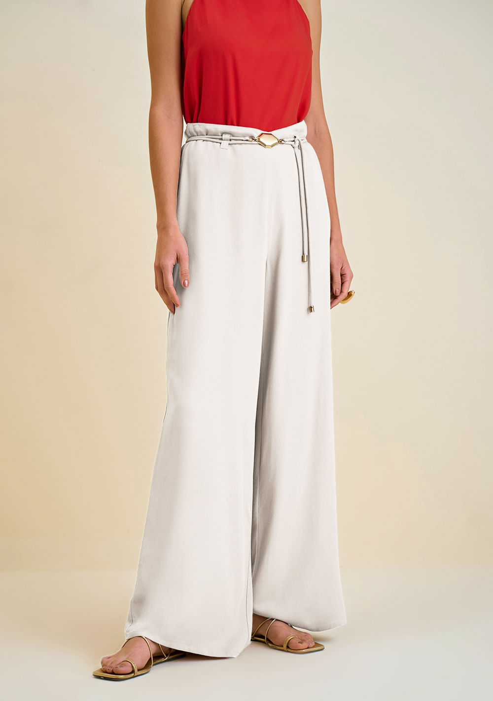 Calça Morena Rosa Reta Cós Alto Com Cinto Off White