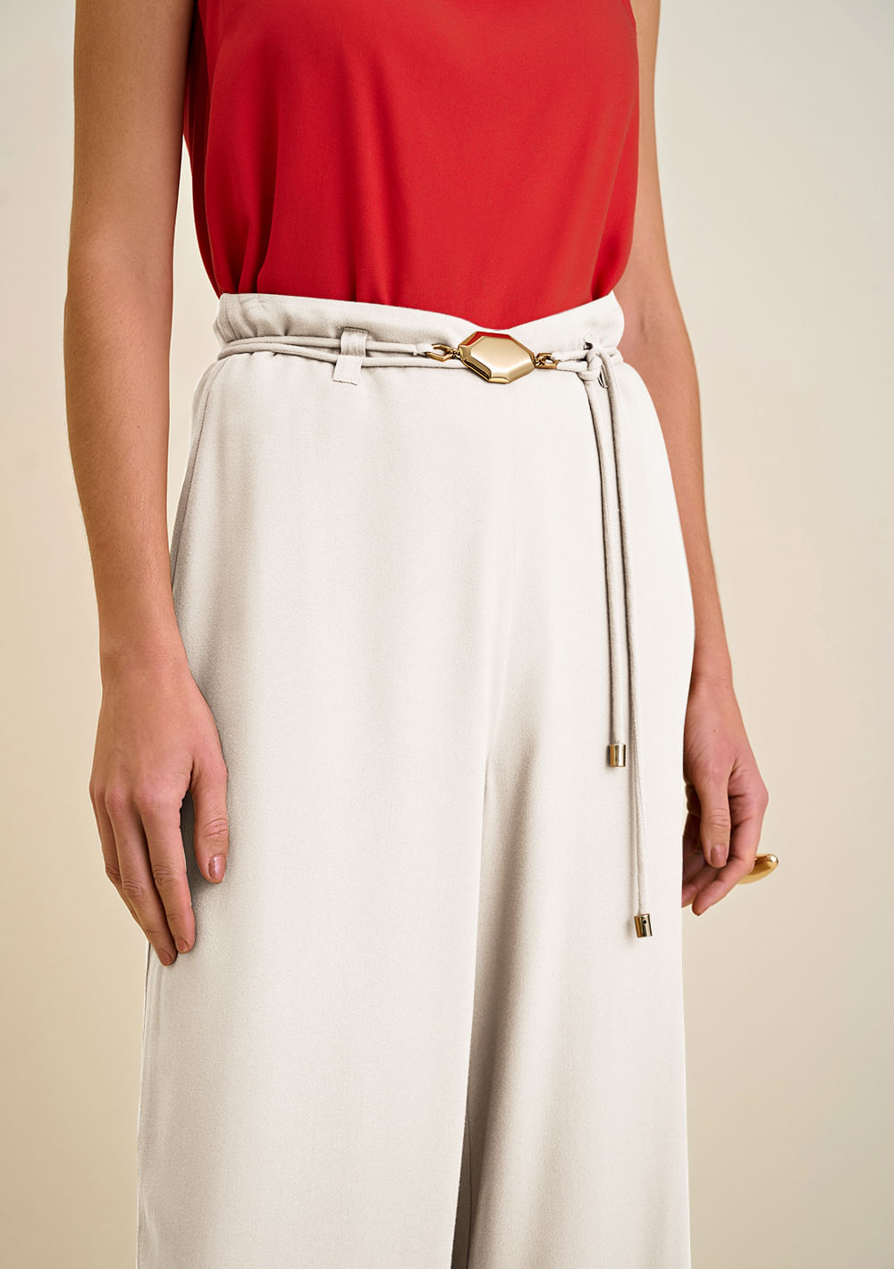 Calça Morena Rosa Reta Cós Alto Com Cinto Off White