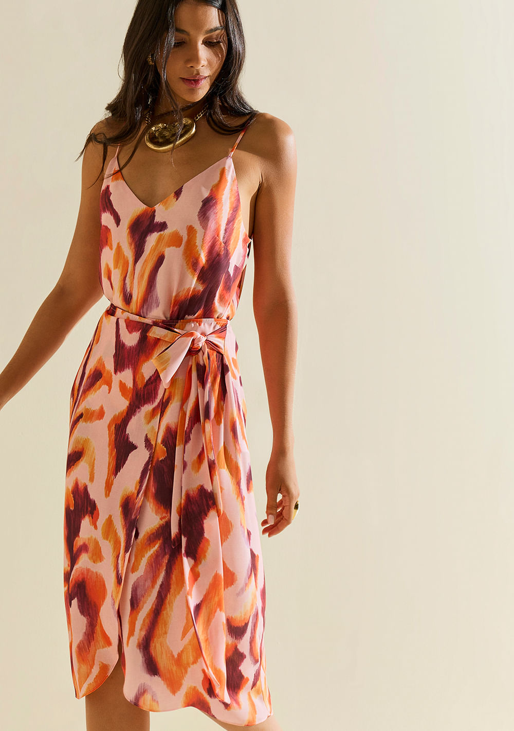 Saia Morena Rosa Reta Alta Midi Rosa